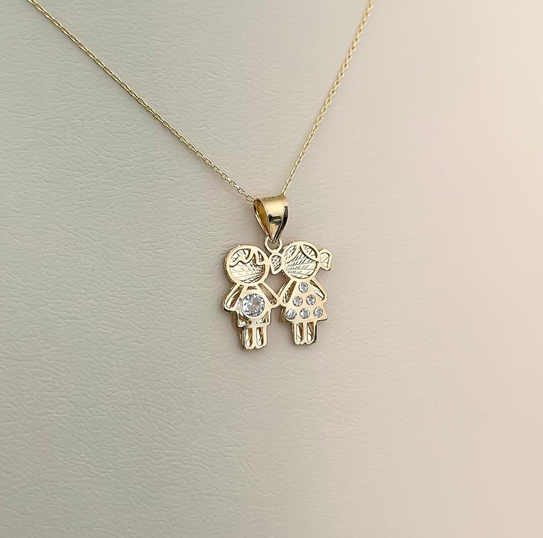 14k Solid Gold Boy and Girl Pendant, Siblings Necklace, Brother and ...