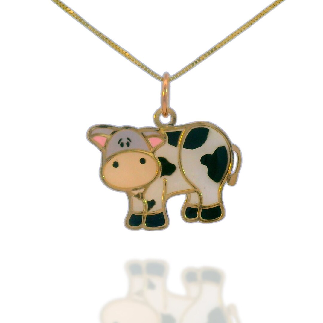 14k Solid Gold Cow Pendant Hand-painted Charm Necklace, Farm Lover ...