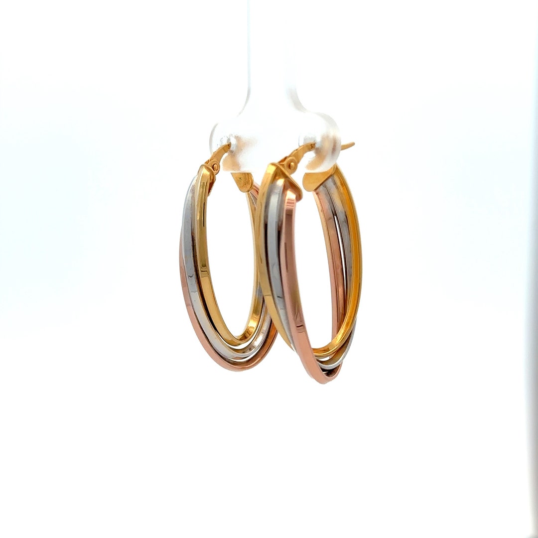 14k Solid Gold Tri-color Oval Hoop Earrings, Yellow Gold, White Gold, Rose Gold - Statement ...