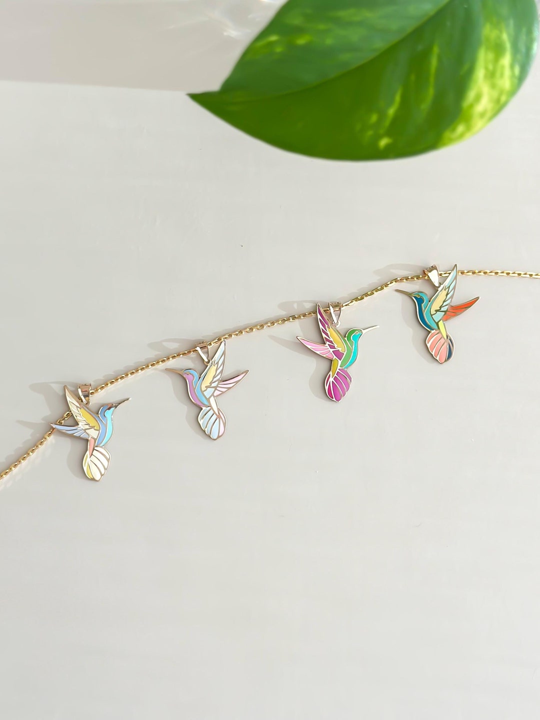 14k Solid Gold Humming Bird Pendant Hand-painted Charm Pink and Green ...