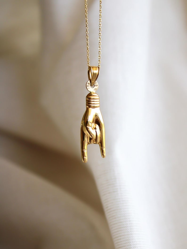 10k Solid Gold Rock N Roll Hand Sign Pendant, Mano Cornuto Necklace ...