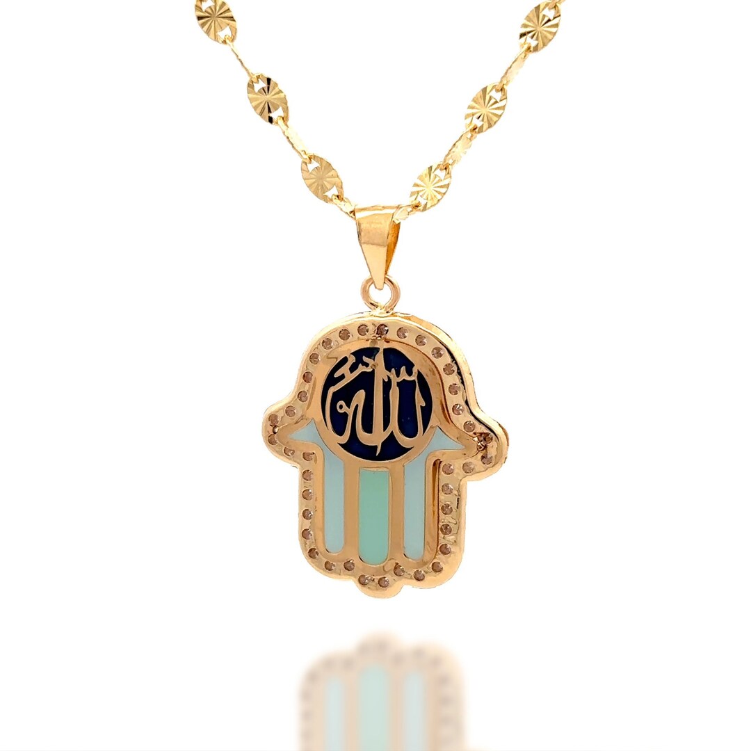 14k Solid Gold Hamsa Hand Pendant Fatima Hand With Allah Calligraphy ...