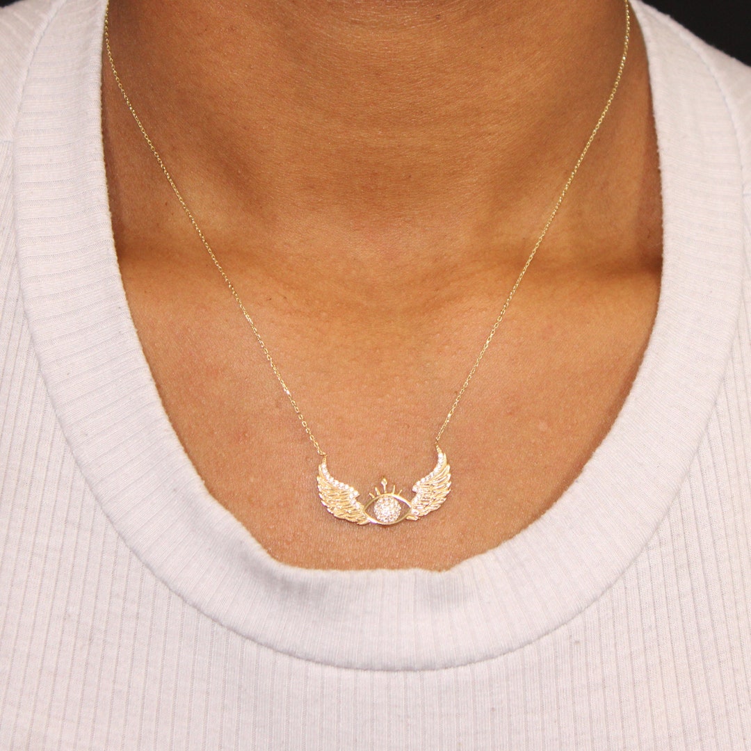 14k Yellow Gold Solid Angel Wings, Evil Eye Necklace With Cubic ...