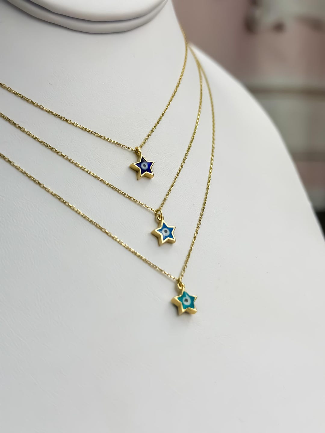 14k SOLID Gold Star Evil Eye Necklace Cable, Boston Chain 1mm 16 - 17 ...