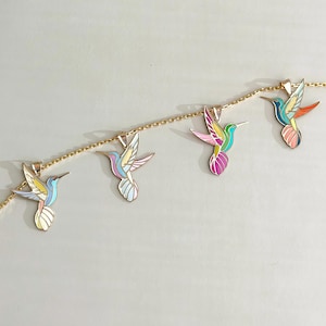 14k Solid Gold Humming Bird Pendant Hand-painted Charm Pink and Green ...