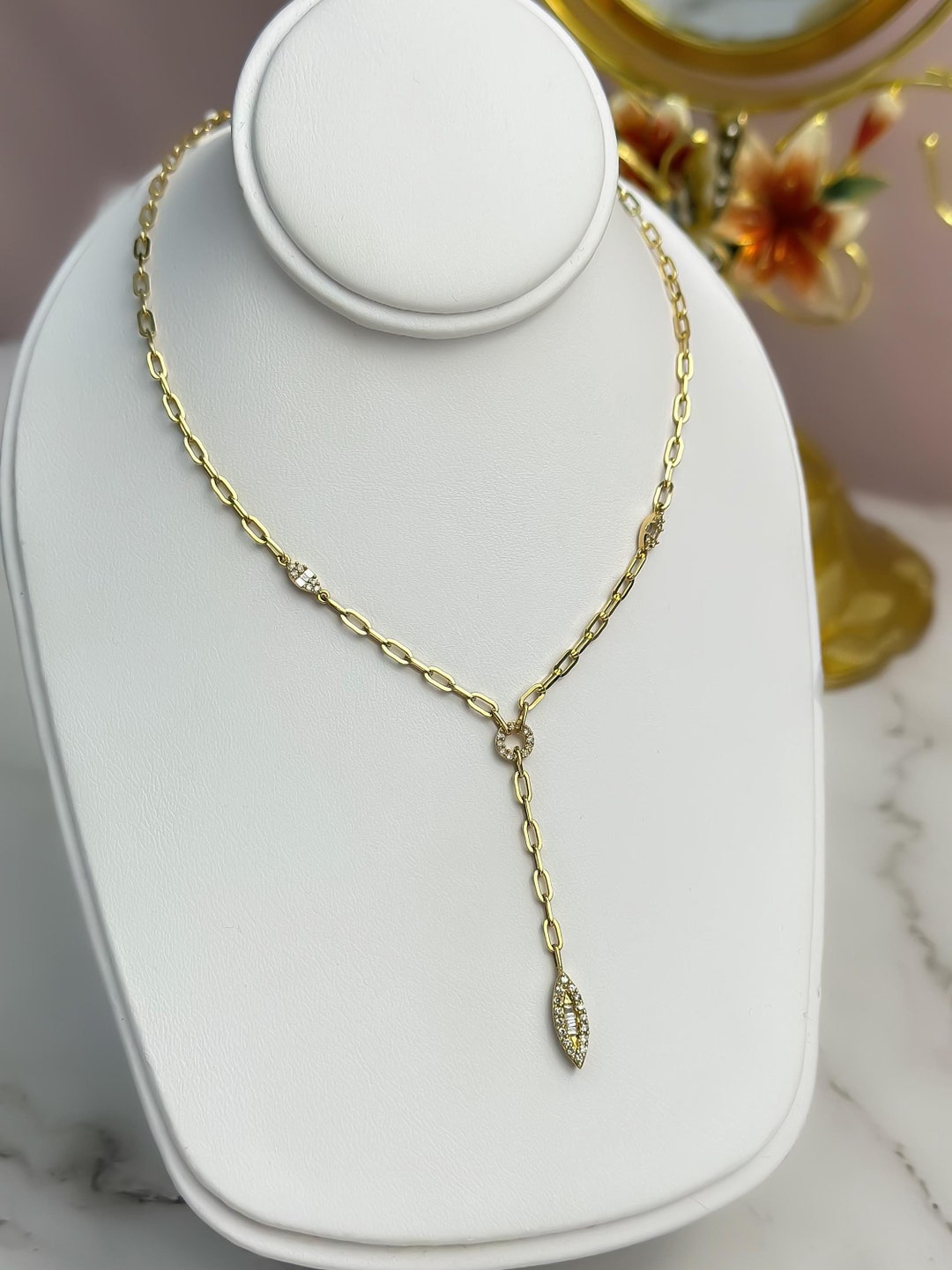 14k Solid Gold Paper Clip Chain With Diamond 0.30ct, Necklace 2mm 16 ...