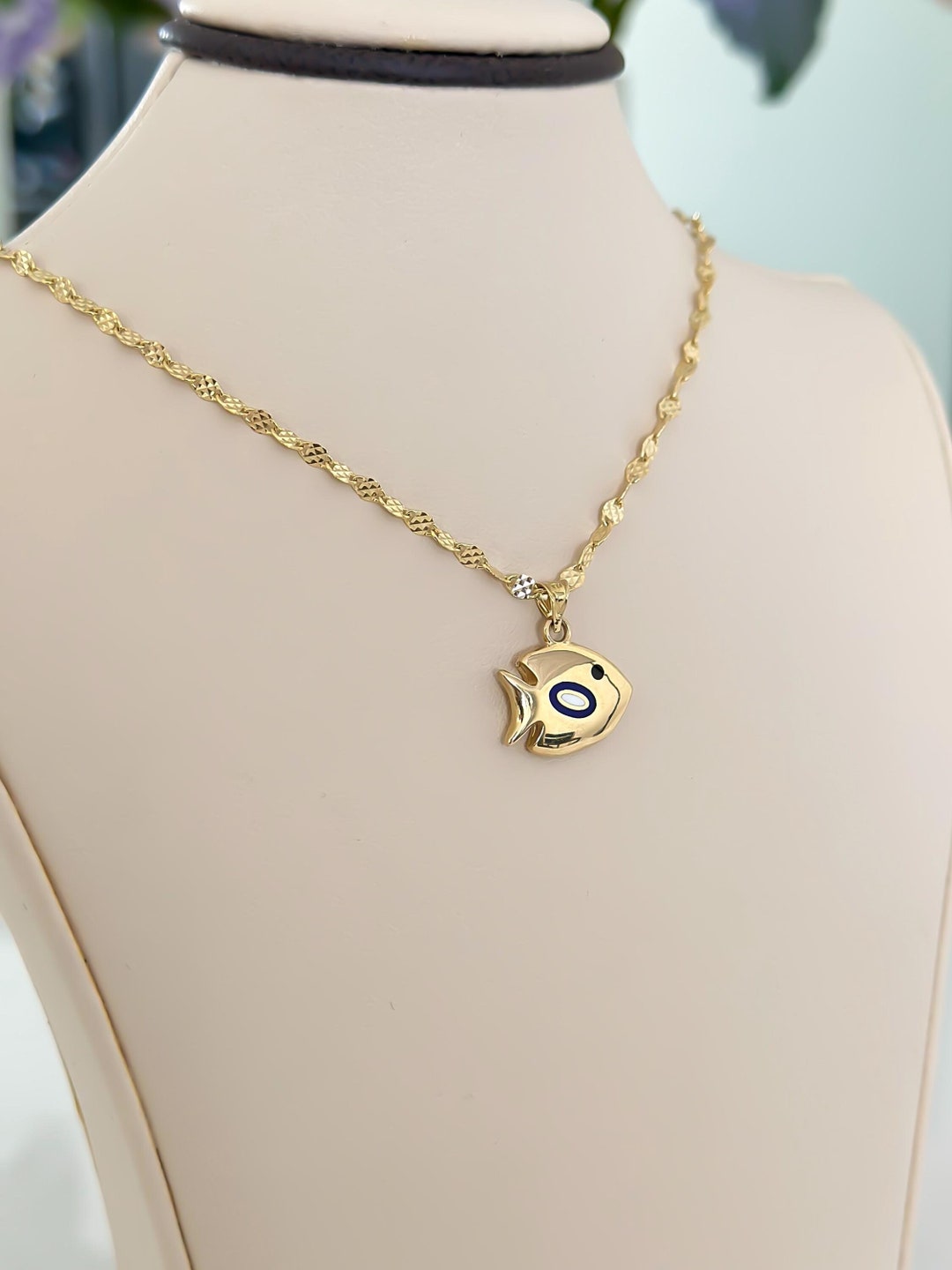 14k Solid Gold Fish Pendant With Blue Evil Eye - Marine Animal Charm ...