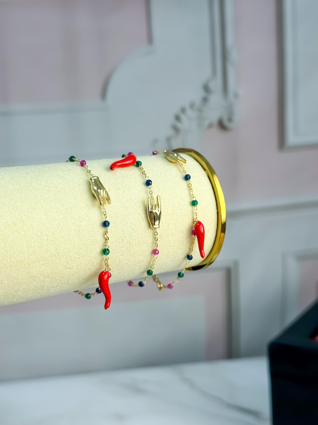 14k Solid Gold Italian Cornicello Bracelet, Mano Cornuto, Red Horn ...