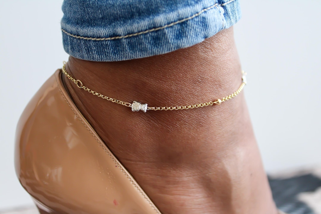 14K SOLID White Gold Bear Anklet Rolo Chain 1mm, Adjustable 9" to 10 ...