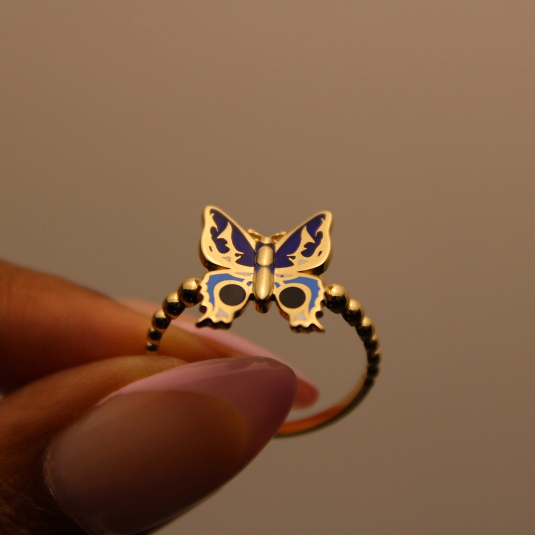 14k Solid Gold Blue Butterfly Ring, Hand-painted Animal Ring - Gift for ...