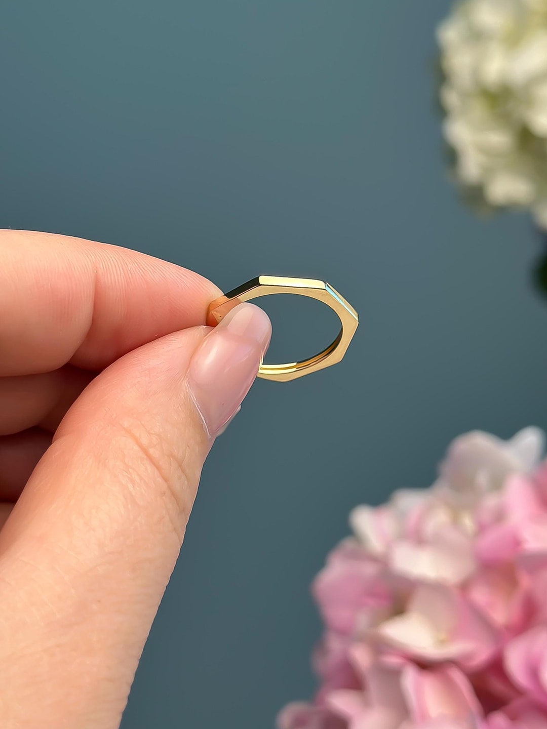 14k Solid Gold Stackable Ring, Hexagonal Ring - Statement Ring, 585 or ...