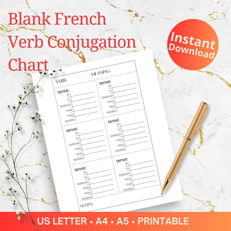 Blank French Verb Conjugation Chart | Printable | Instant Download - Etsy