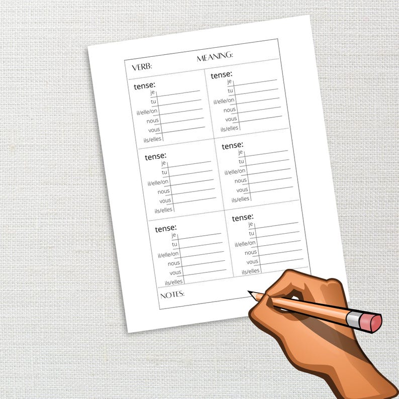 Blank French Verb Conjugation Chart | Printable | Instant Download - Etsy
