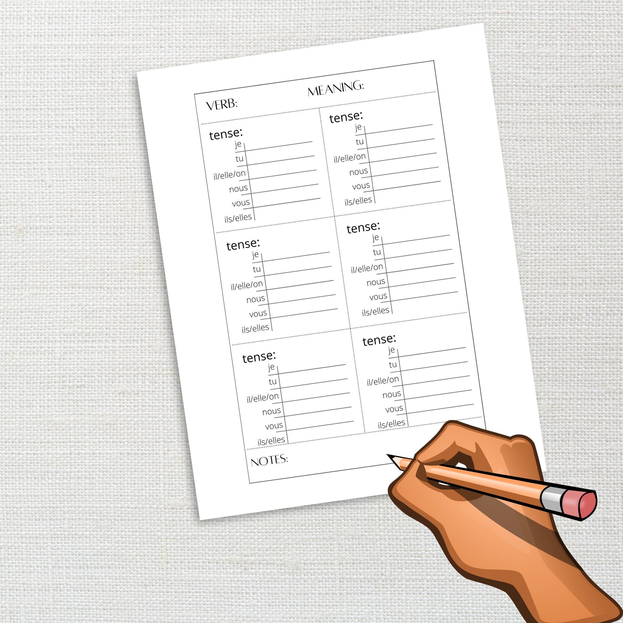 Blank French Verb Conjugation Chart | Printable | Instant Download - Etsy