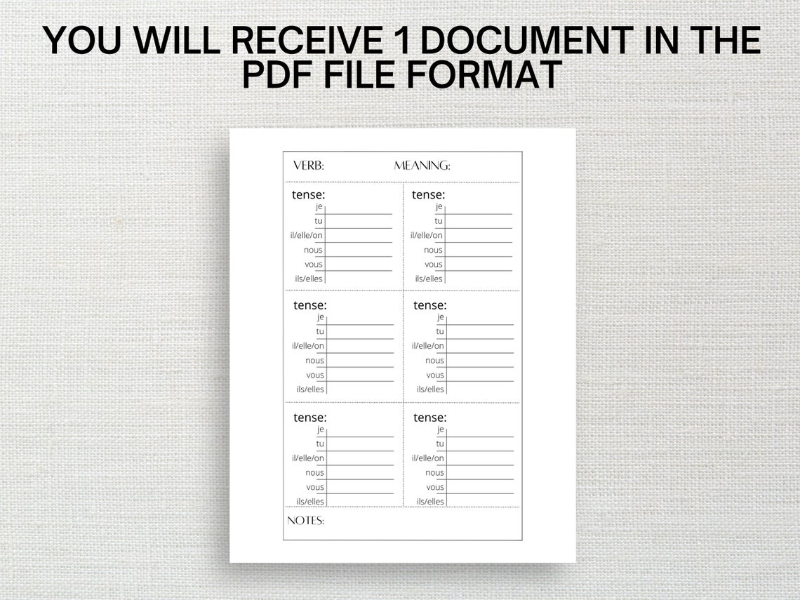 Blank French Verb Conjugation Chart Printable Instant Download - Etsy