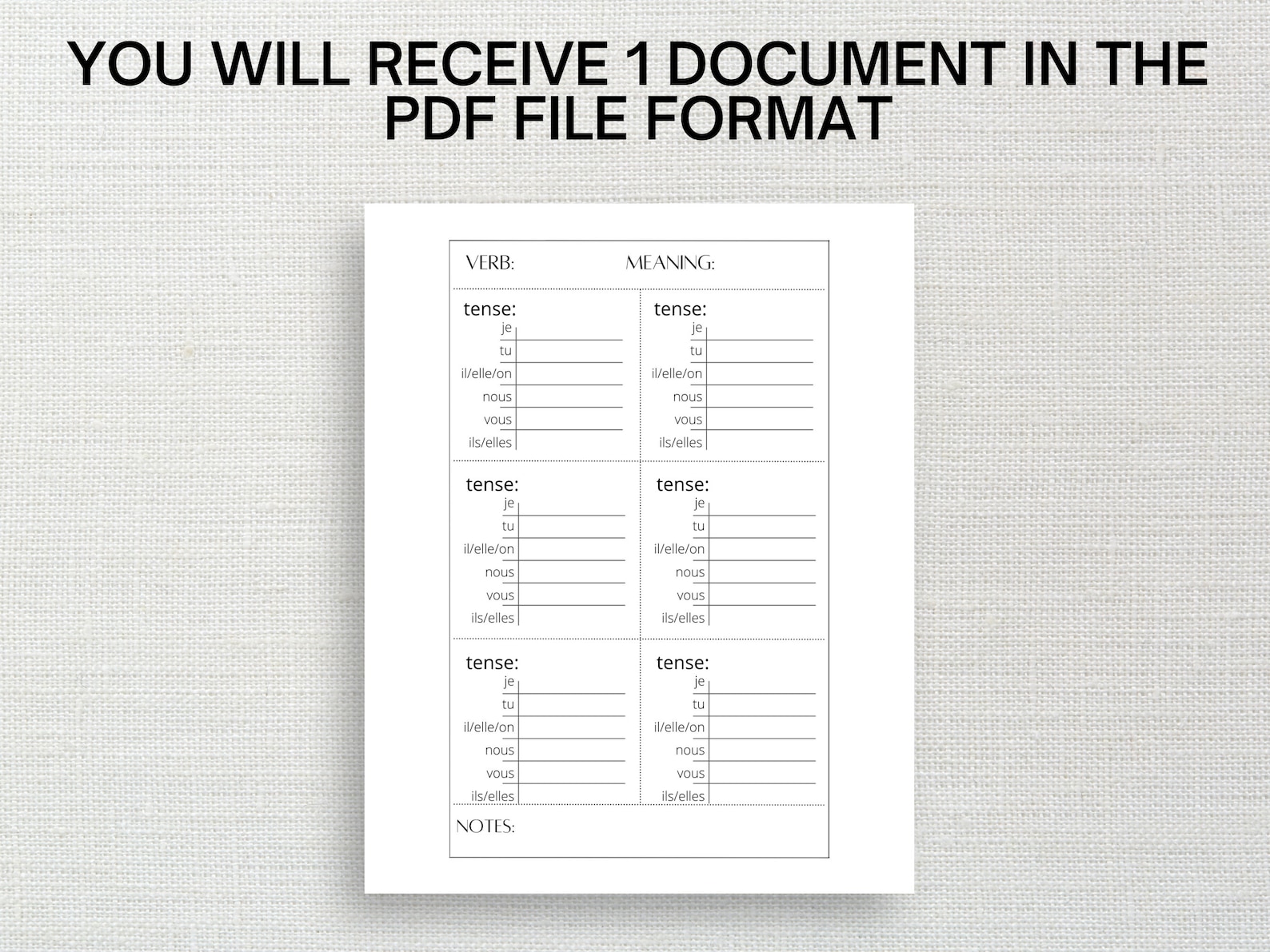 Blank French Verb Conjugation Chart Printable Instant Download - Etsy