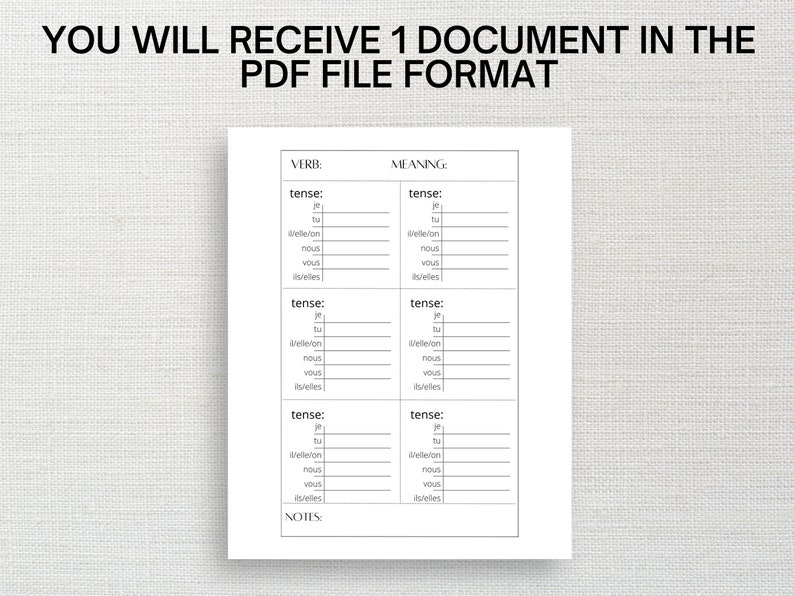 Blank French Verb Conjugation Chart Printable Instant Download - Etsy