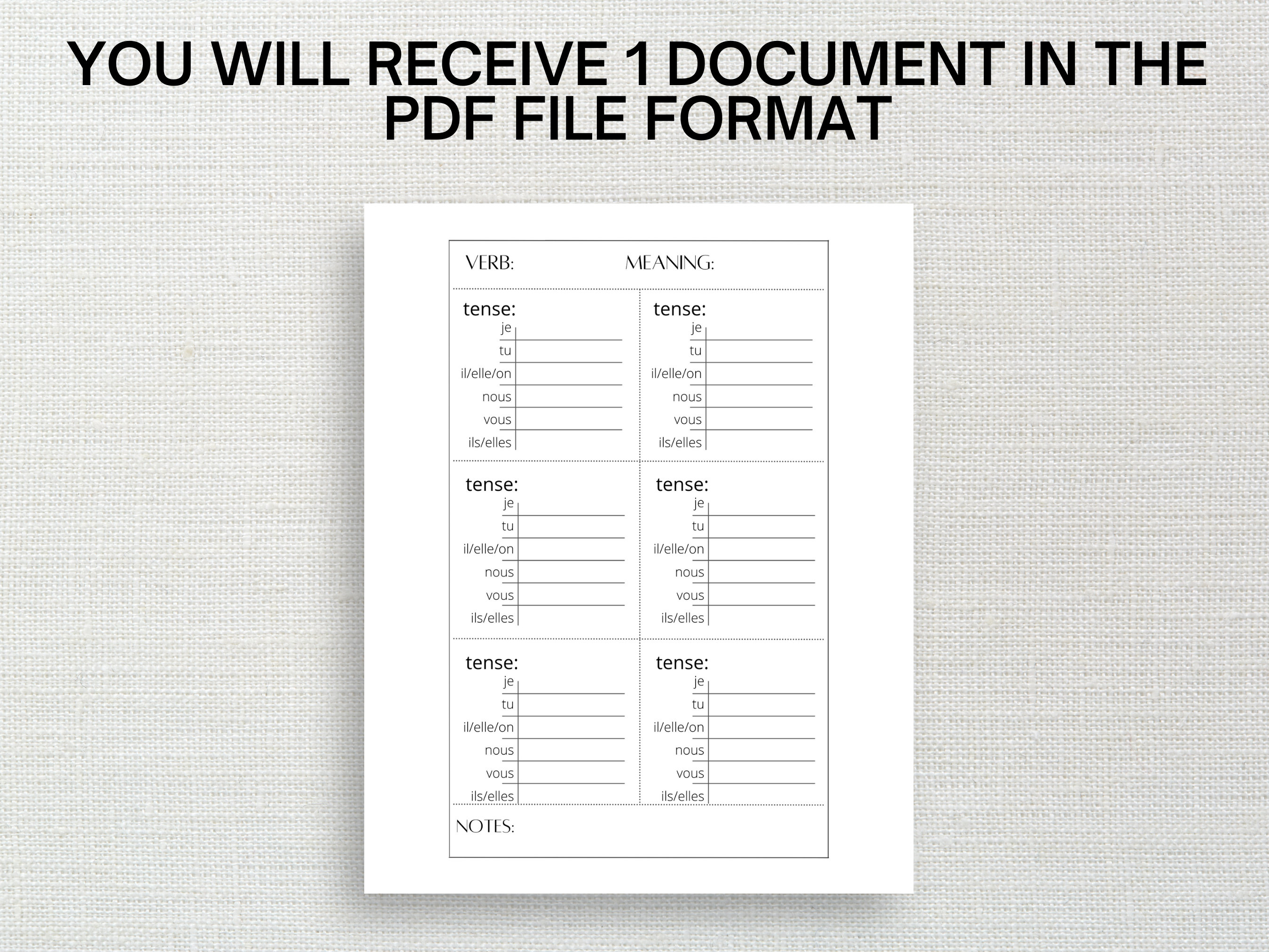 Blank French Verb Conjugation Chart Printable Instant Download - Etsy