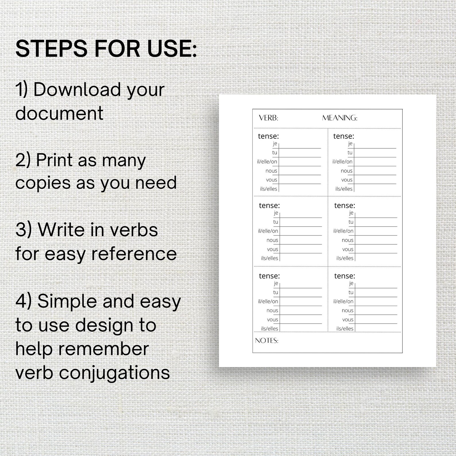 Blank French Verb Conjugation Chart | Printable | Instant Download - Etsy