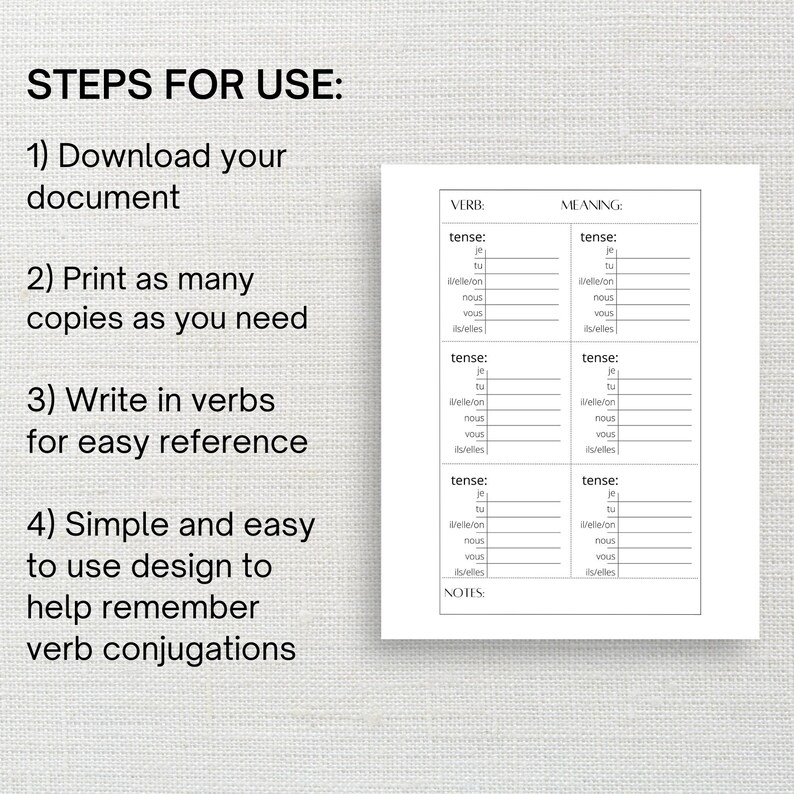 Blank French Verb Conjugation Chart | Printable | Instant Download - Etsy