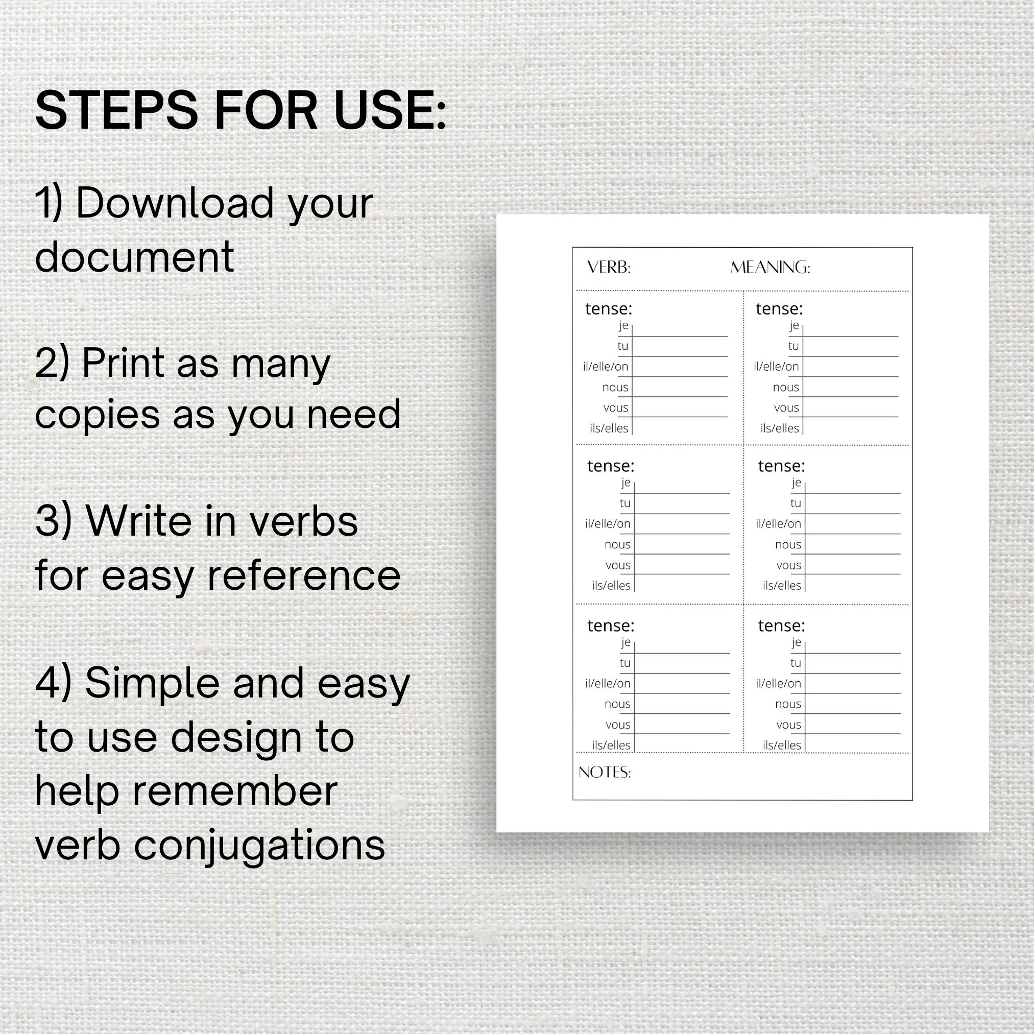 Blank French Verb Conjugation Chart | Printable | Instant Download - Etsy