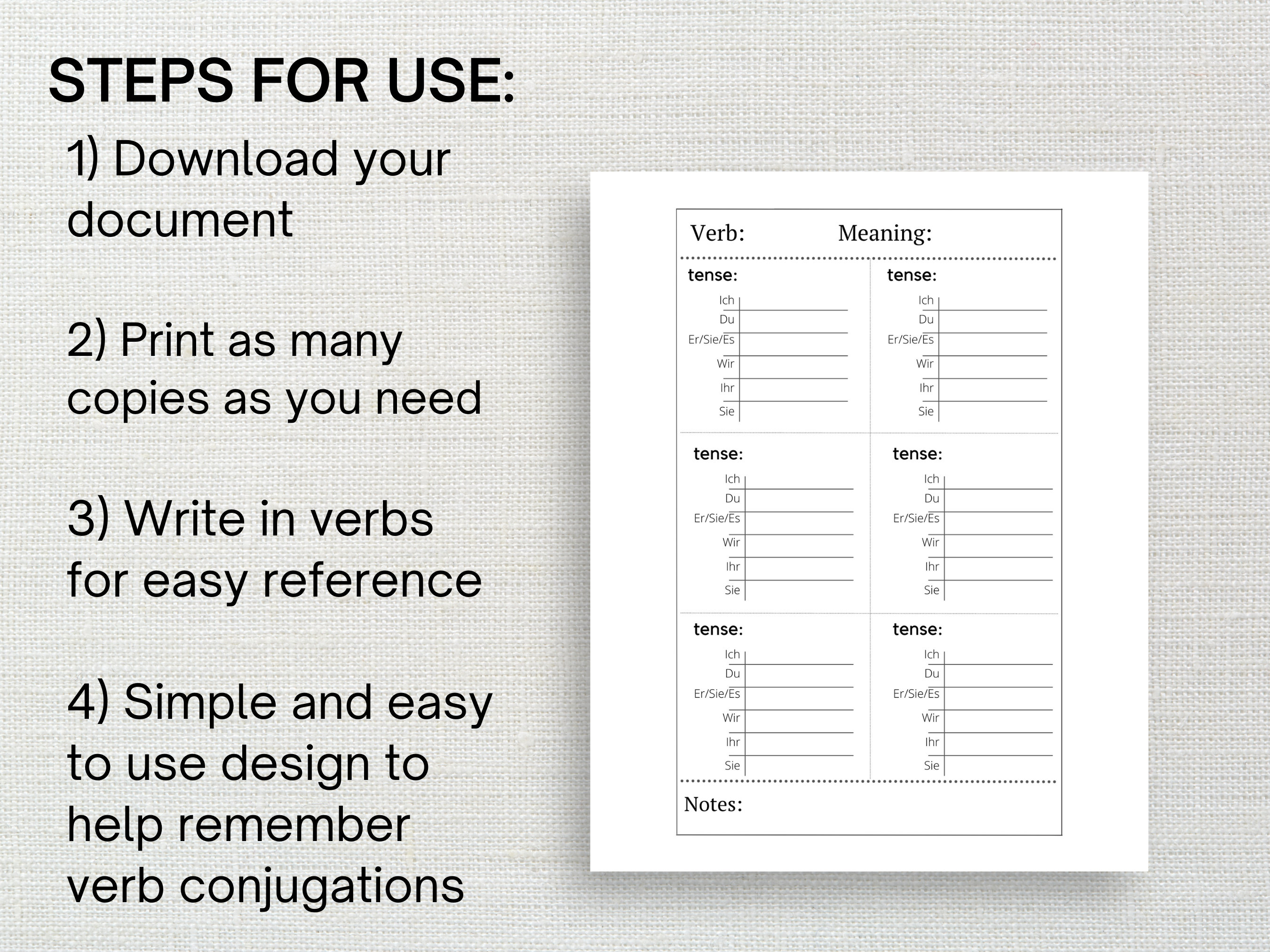Blank German Verb Conjugation Chart Printable Instant Download - Etsy