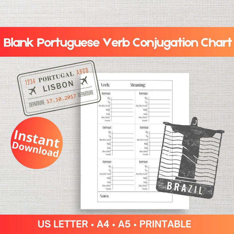Blank Portuguese Verb Conjugation Chart | Printable | Instant Download ...
