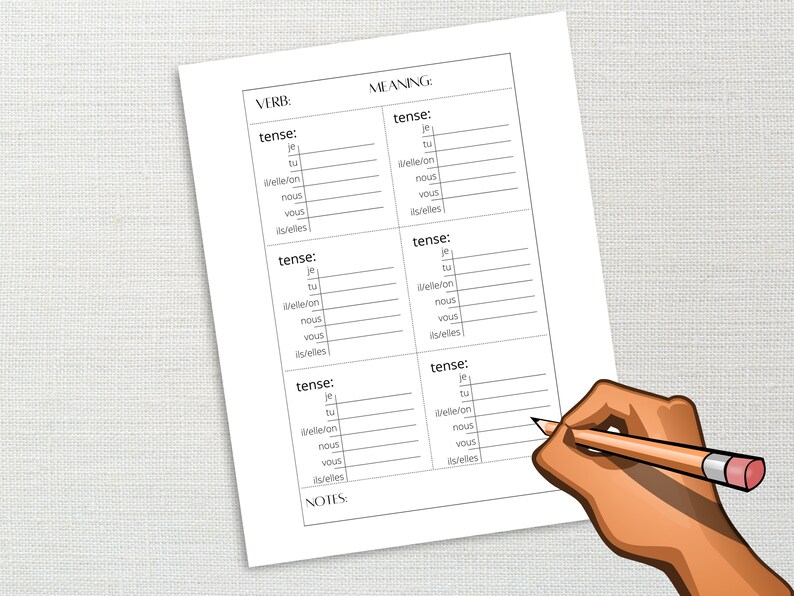 Blank French Verb Conjugation Chart Printable Instant Download - Etsy