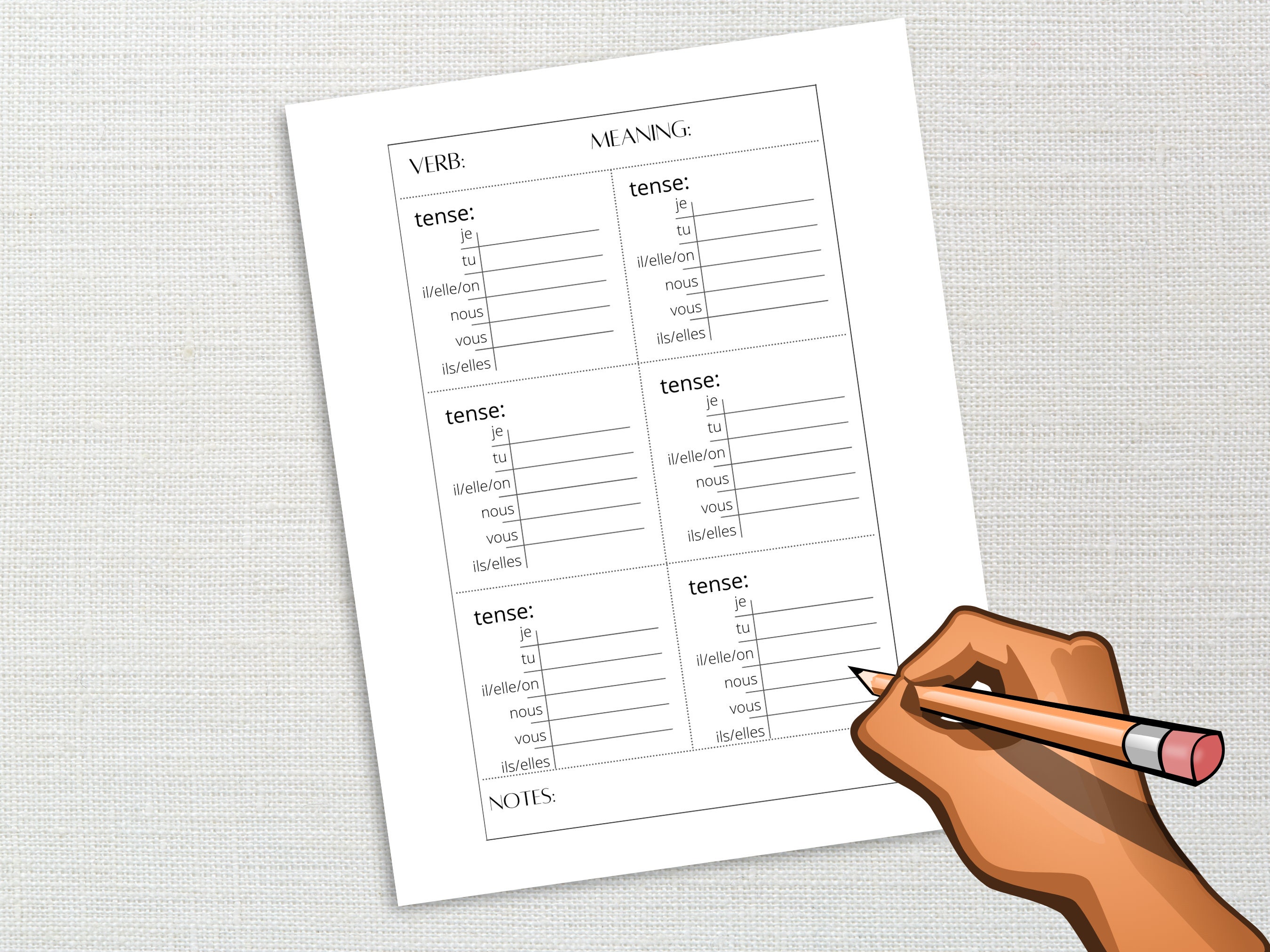 Blank French Verb Conjugation Chart Printable Instant Download - Etsy