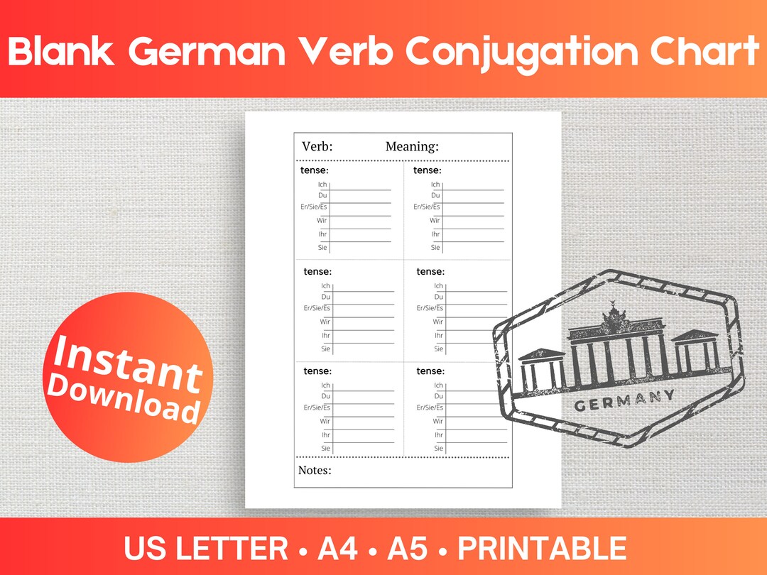 Blank German Verb Conjugation Chart Printable Instant Download - Etsy