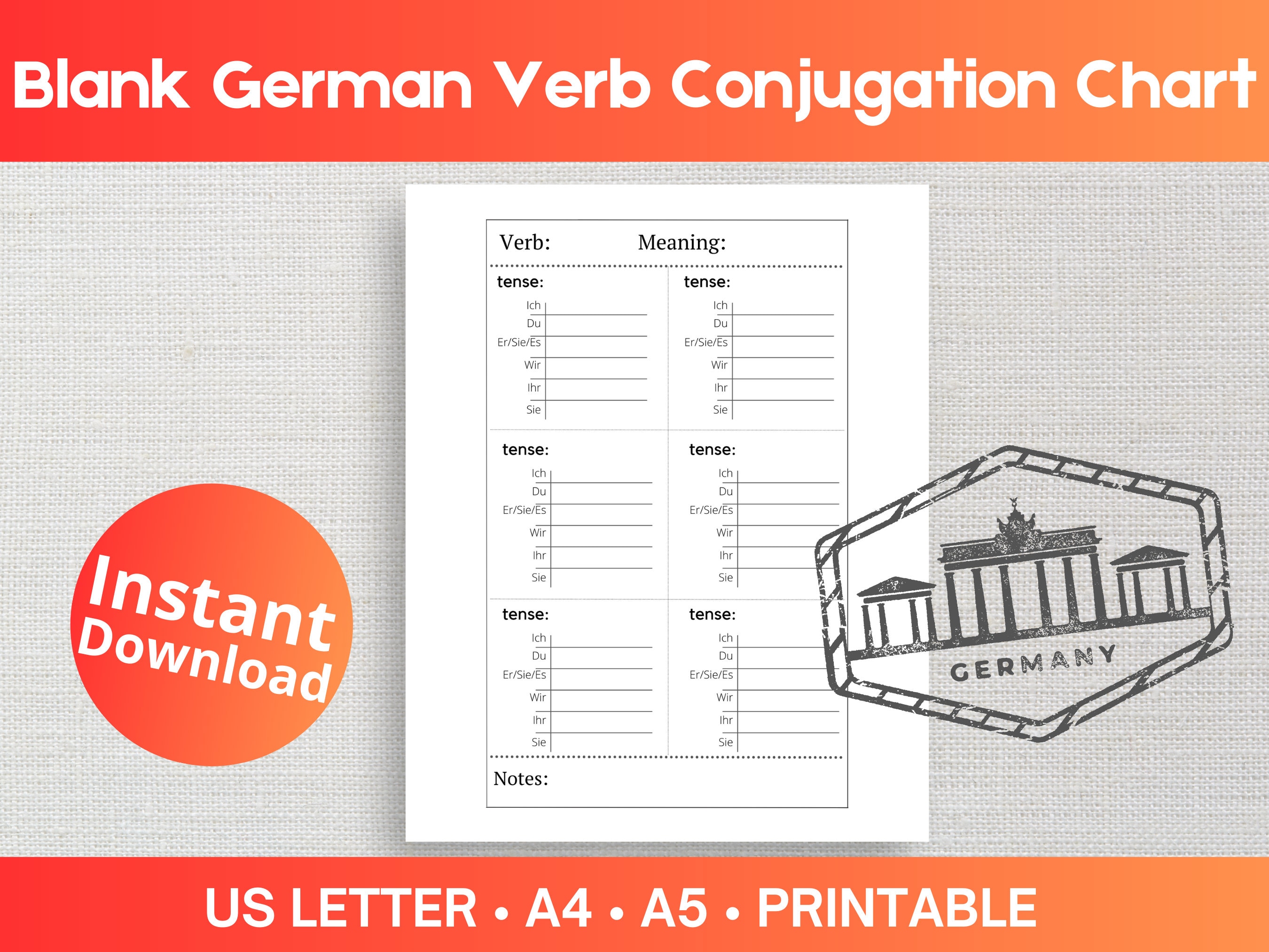 Blank German Verb Conjugation Chart Printable Instant - Etsy
