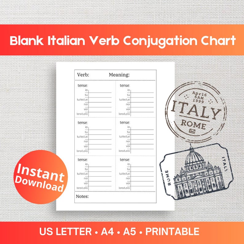 Blank Italian Verb Conjugation Chart | Printable | Instant Download - Etsy