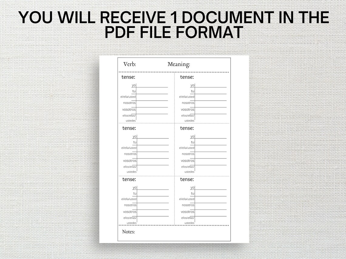 Blank Spanish Verb Conjugation Chart Printable Instant Download - Etsy