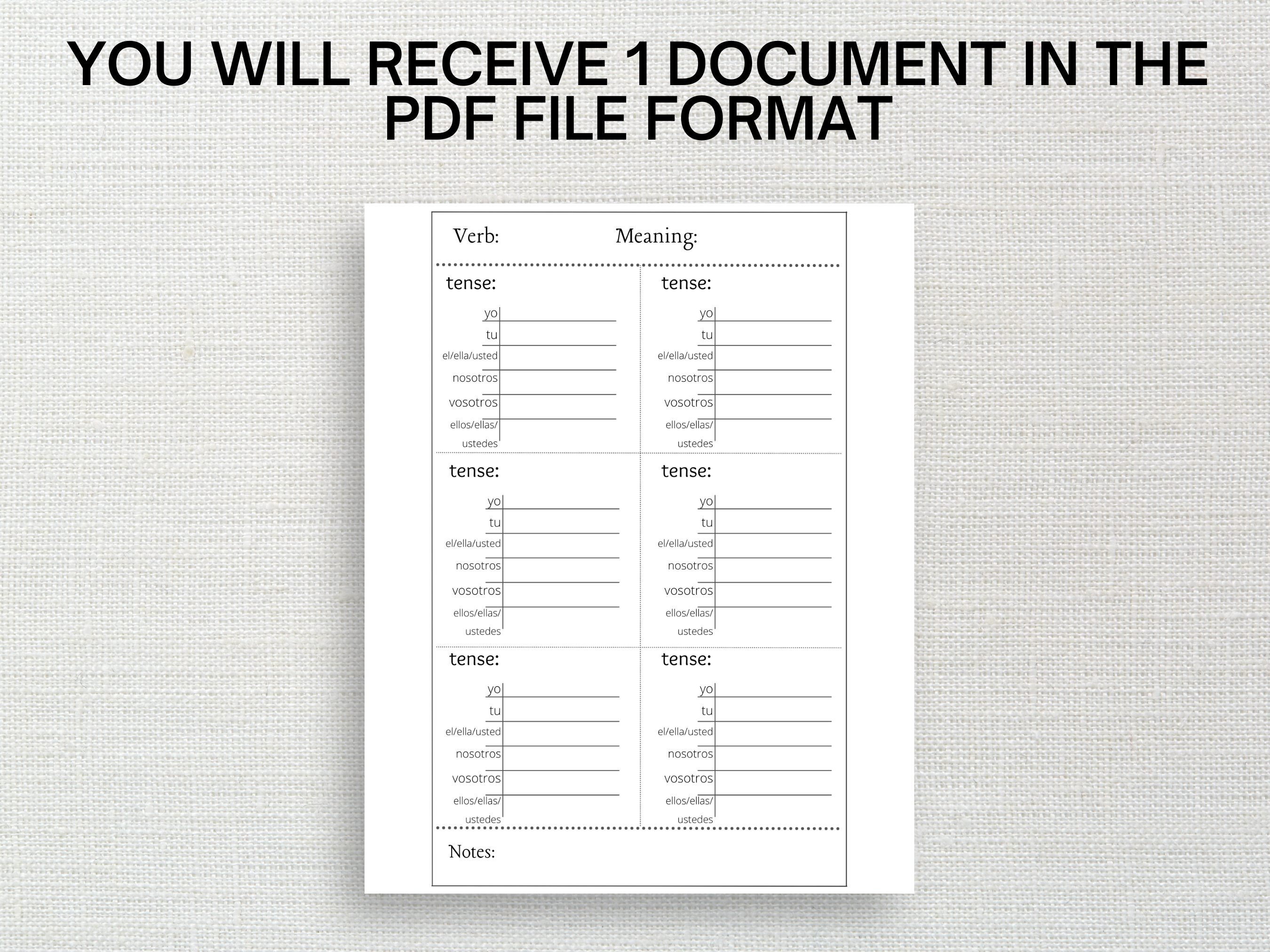 Blank Spanish Verb Conjugation Chart Printable Instant Download - Etsy