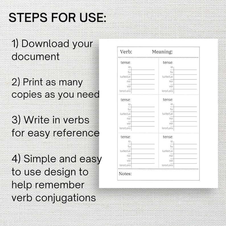 Blank Italian Verb Conjugation Chart | Printable | Instant Download - Etsy