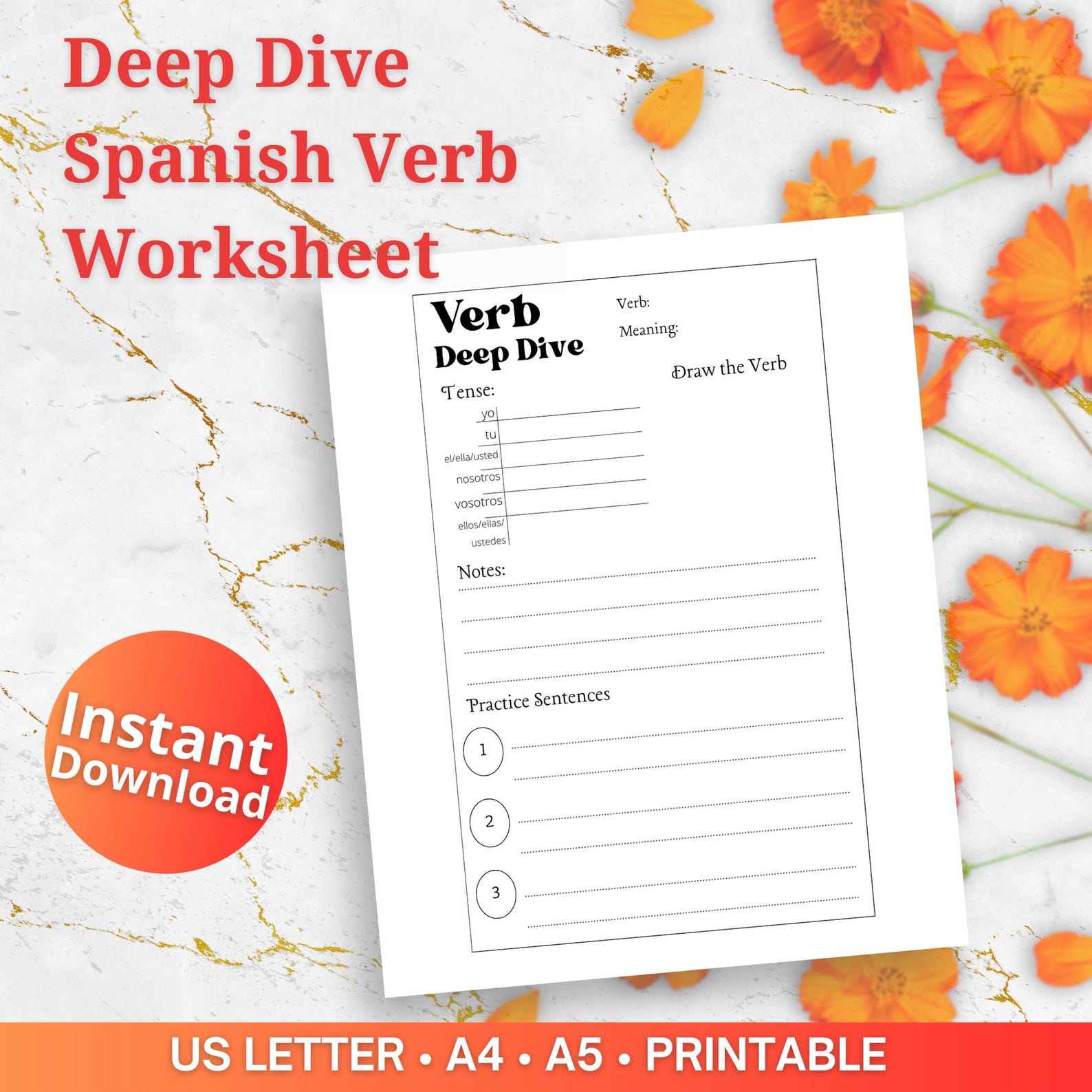 Spanish Verb Deep Dive Worksheet | Printable | Instant Download - Etsy