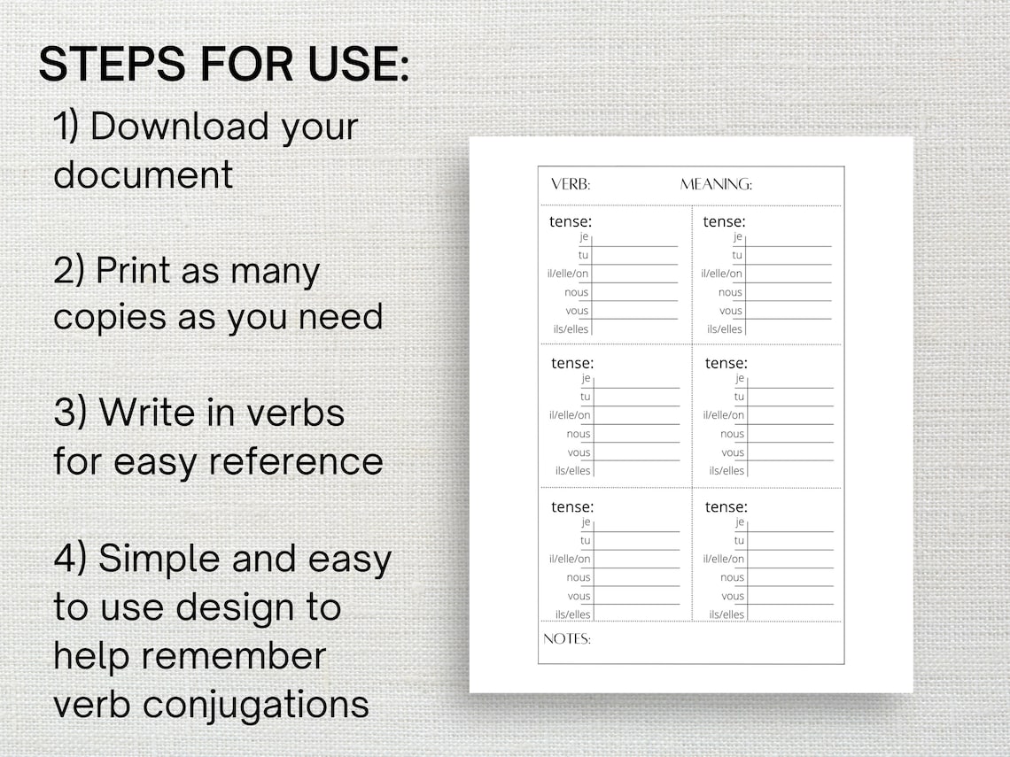 Blank French Verb Conjugation Chart Printable Instant Download - Etsy