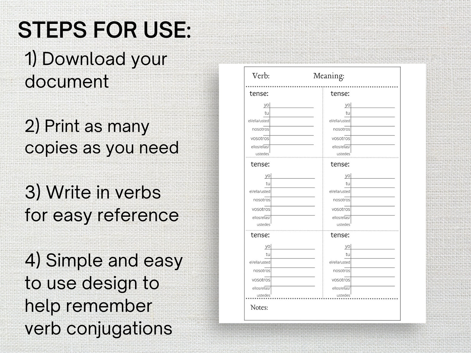 Blank Spanish Verb Conjugation Chart Printable Instant Download - Etsy