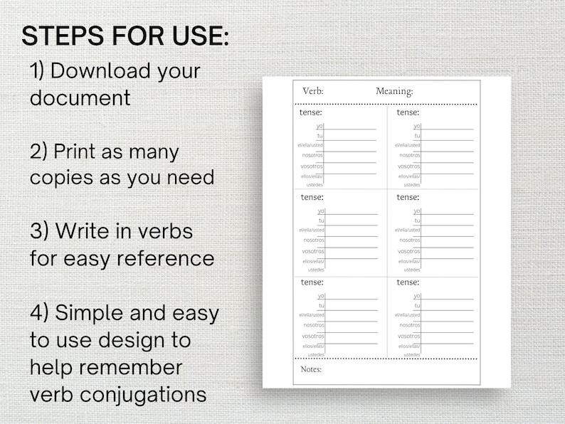 Blank Spanish Verb Conjugation Chart Printable Instant Download - Etsy