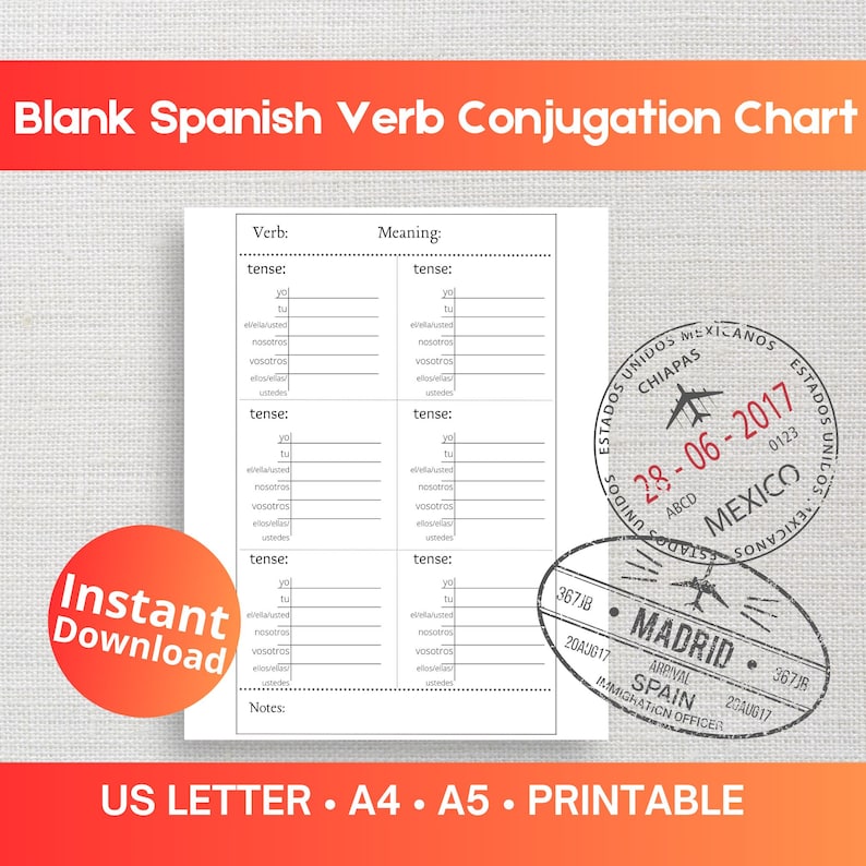 Blank Spanish Verb Conjugation Chart | Printable | Instant Download - Etsy