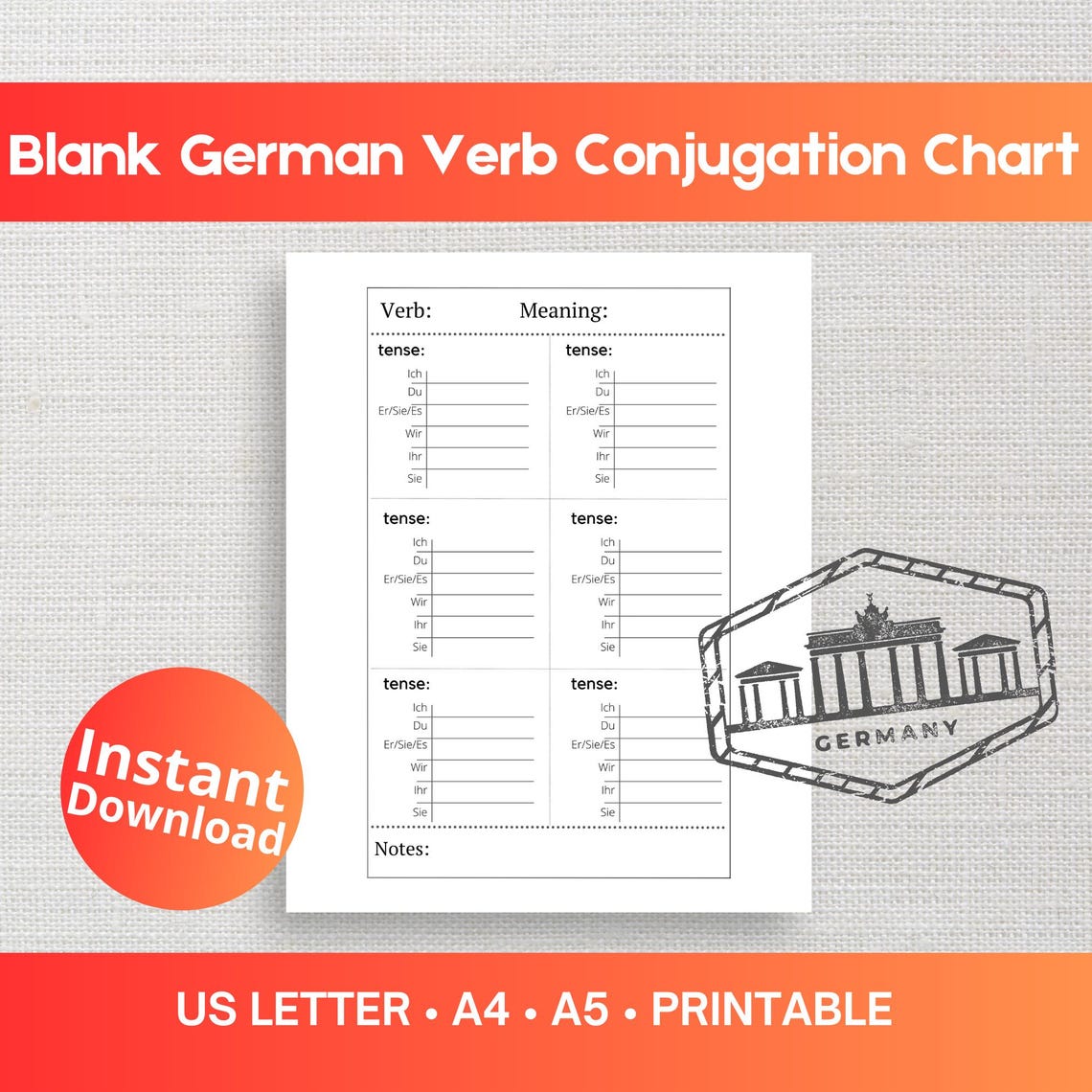 Blank German Verb Conjugation Chart | Printable | Instant Download - Etsy