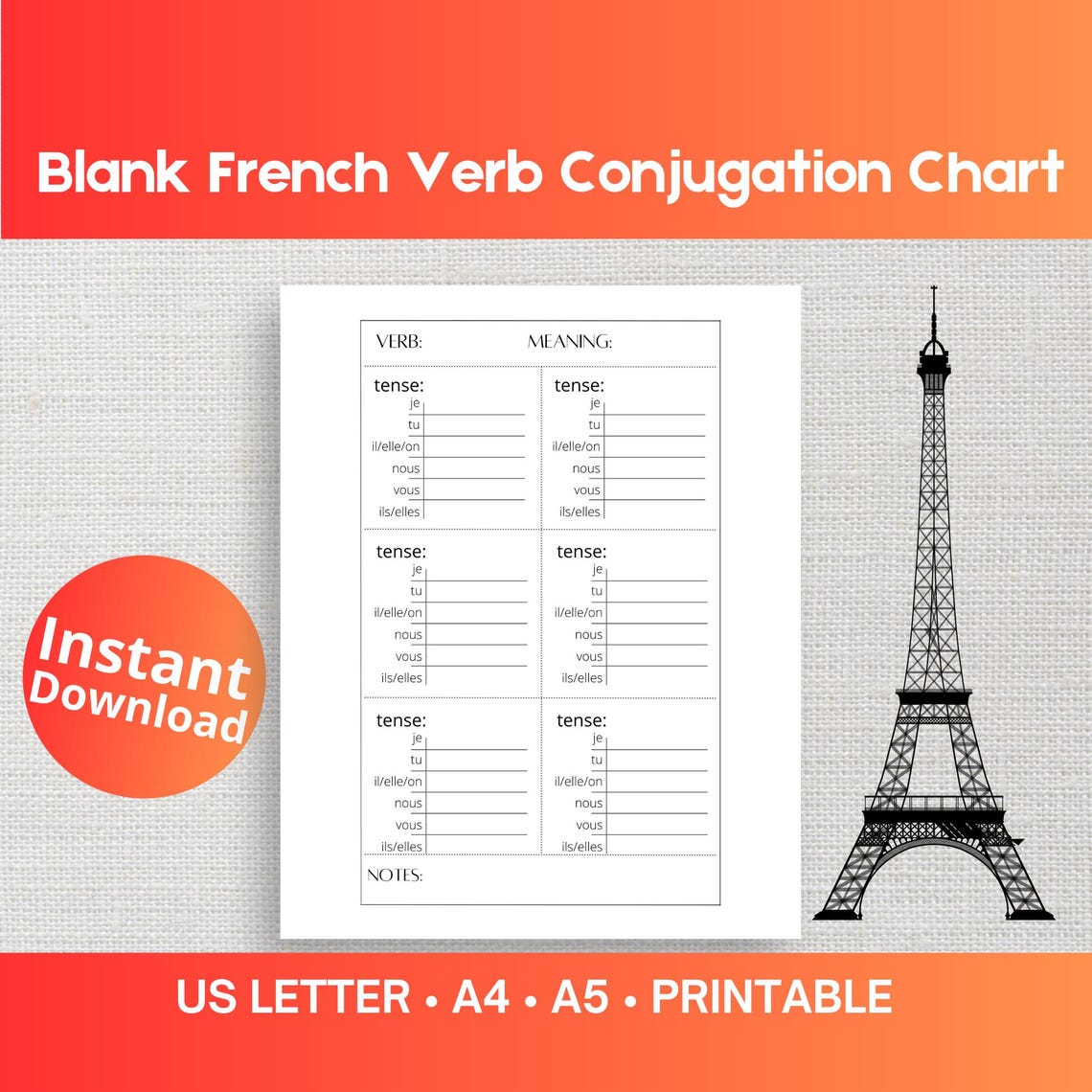 Blank French Verb Conjugation Chart | Printable | Instant Download - Etsy