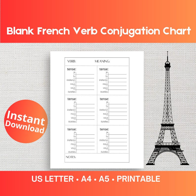 Blank French Verb Conjugation Chart | Printable | Instant Download - Etsy