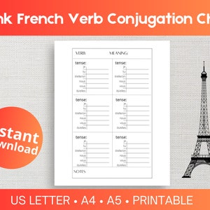 Blank French Verb Conjugation Chart Printable Instant Download - Etsy