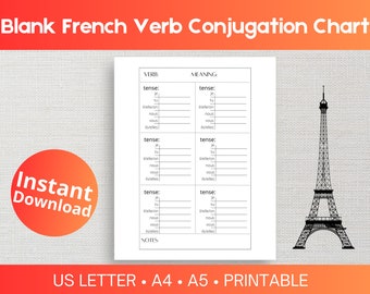 Blank French Verb Conjugation Chart Printable Instant Download - Etsy