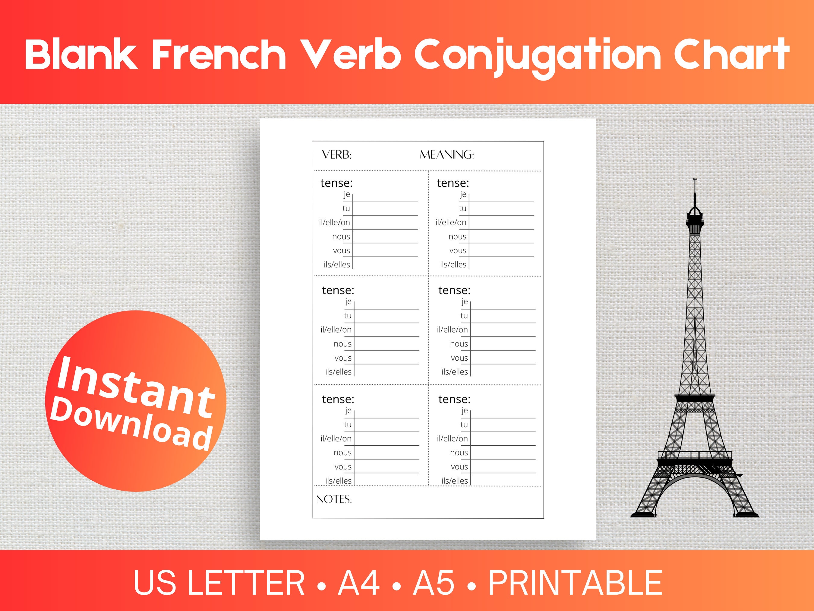 Blank French Verb Conjugation Chart Printable Instant Download - Etsy