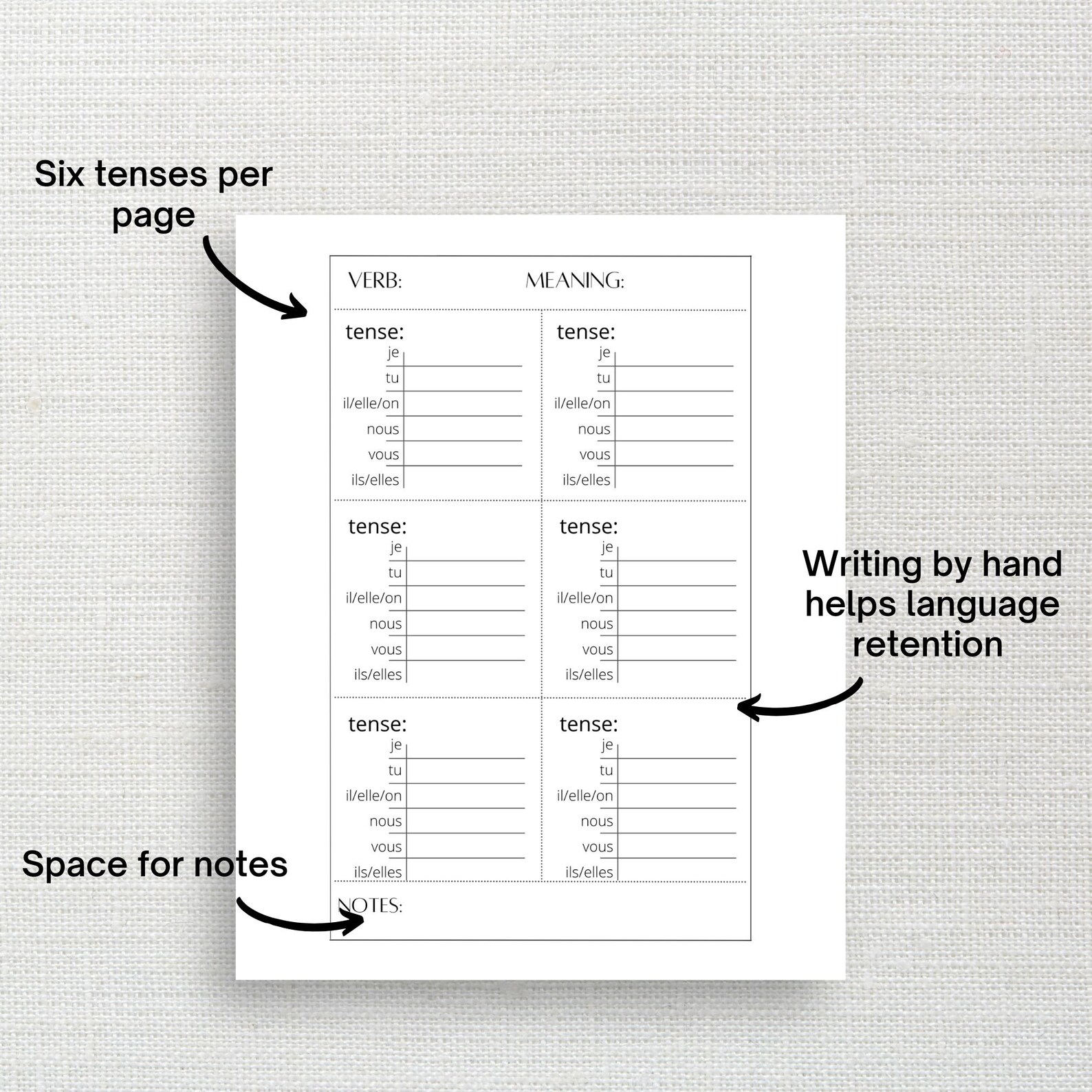 Blank French Verb Conjugation Chart | Printable | Instant Download - Etsy