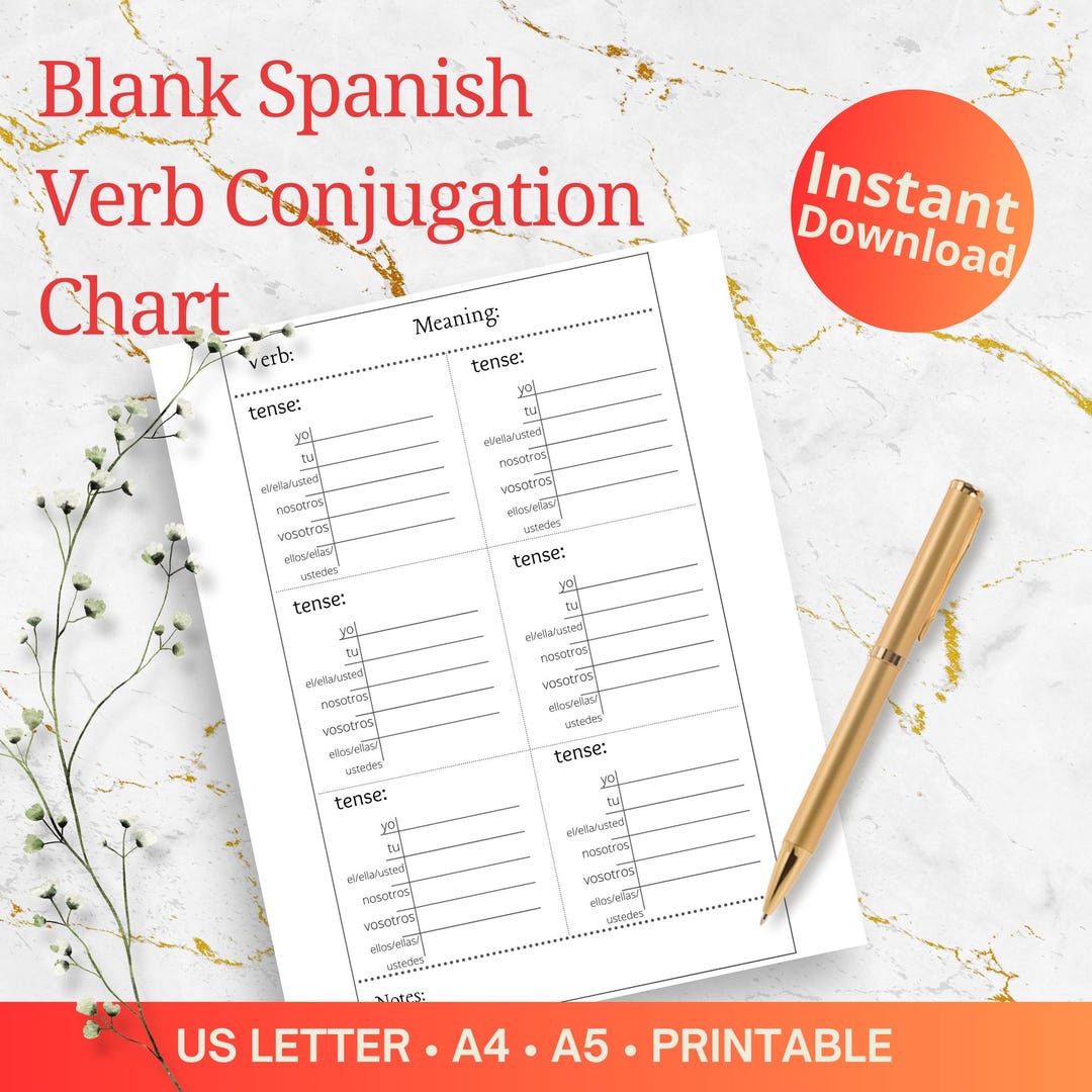 Blank Spanish Verb Conjugation Chart | Printable | Instant Download - Etsy
