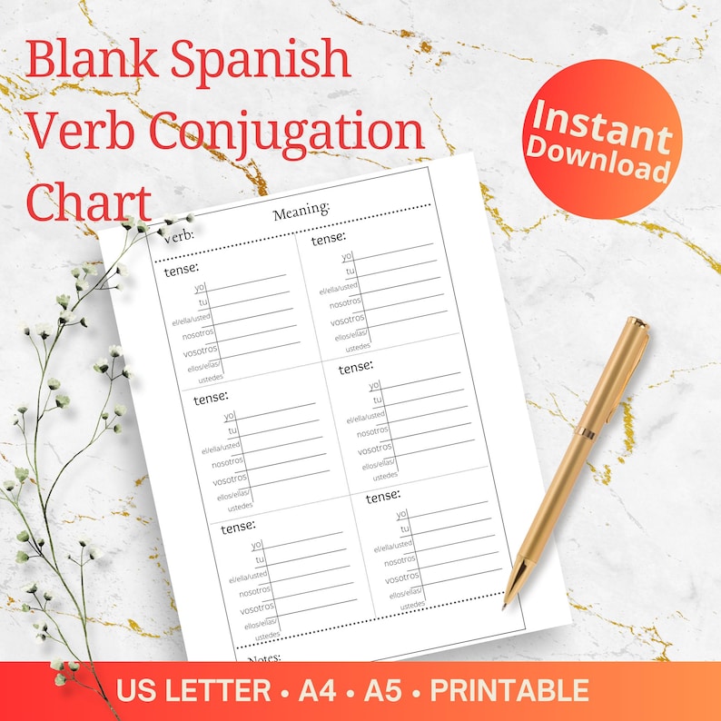 Blank Spanish Verb Conjugation Chart | Printable | Instant Download - Etsy