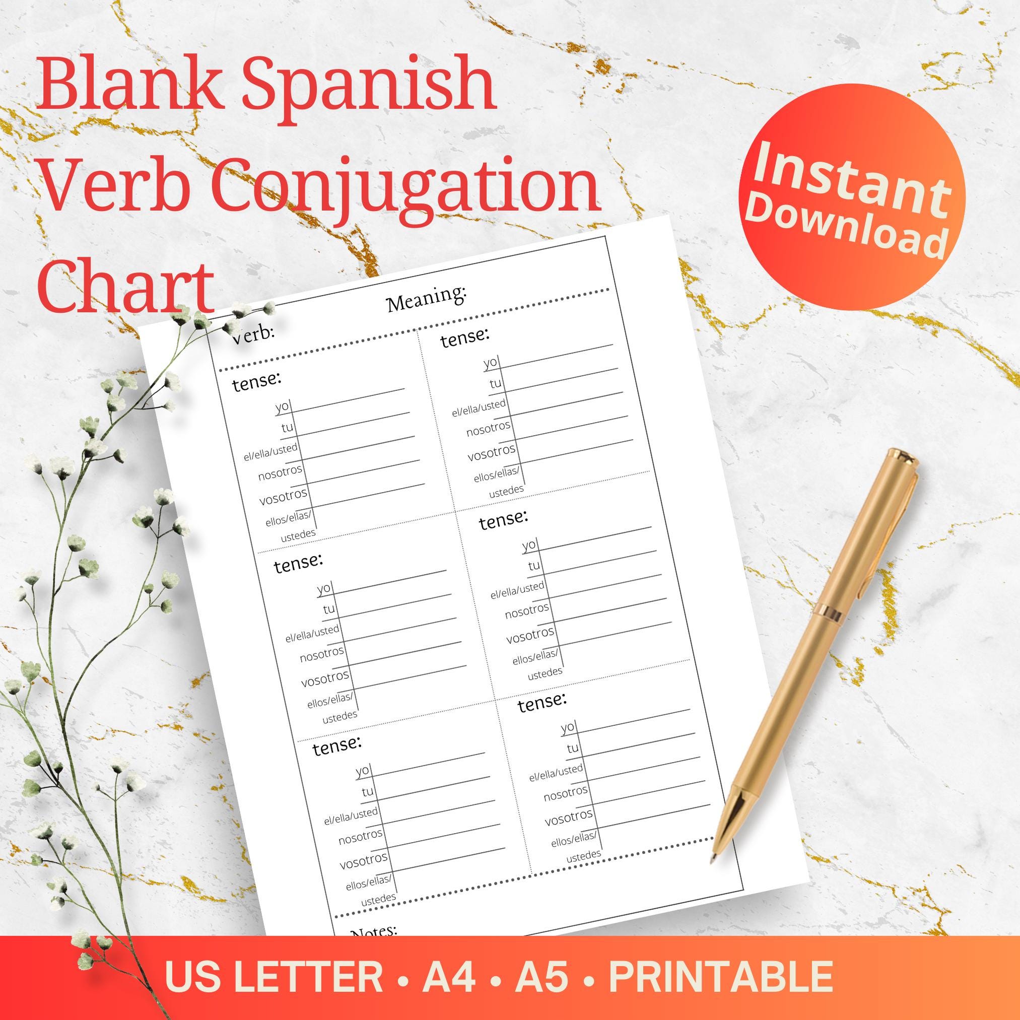 Blank Spanish Verb Conjugation Chart | Printable | Instant Download - Etsy